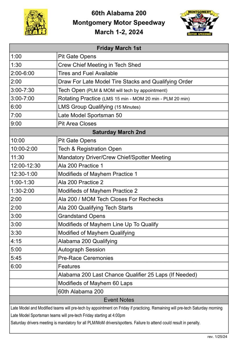 Schedule for ALABAMA 200″HUNT for the BEAR” – Montgomery Motor Speedway